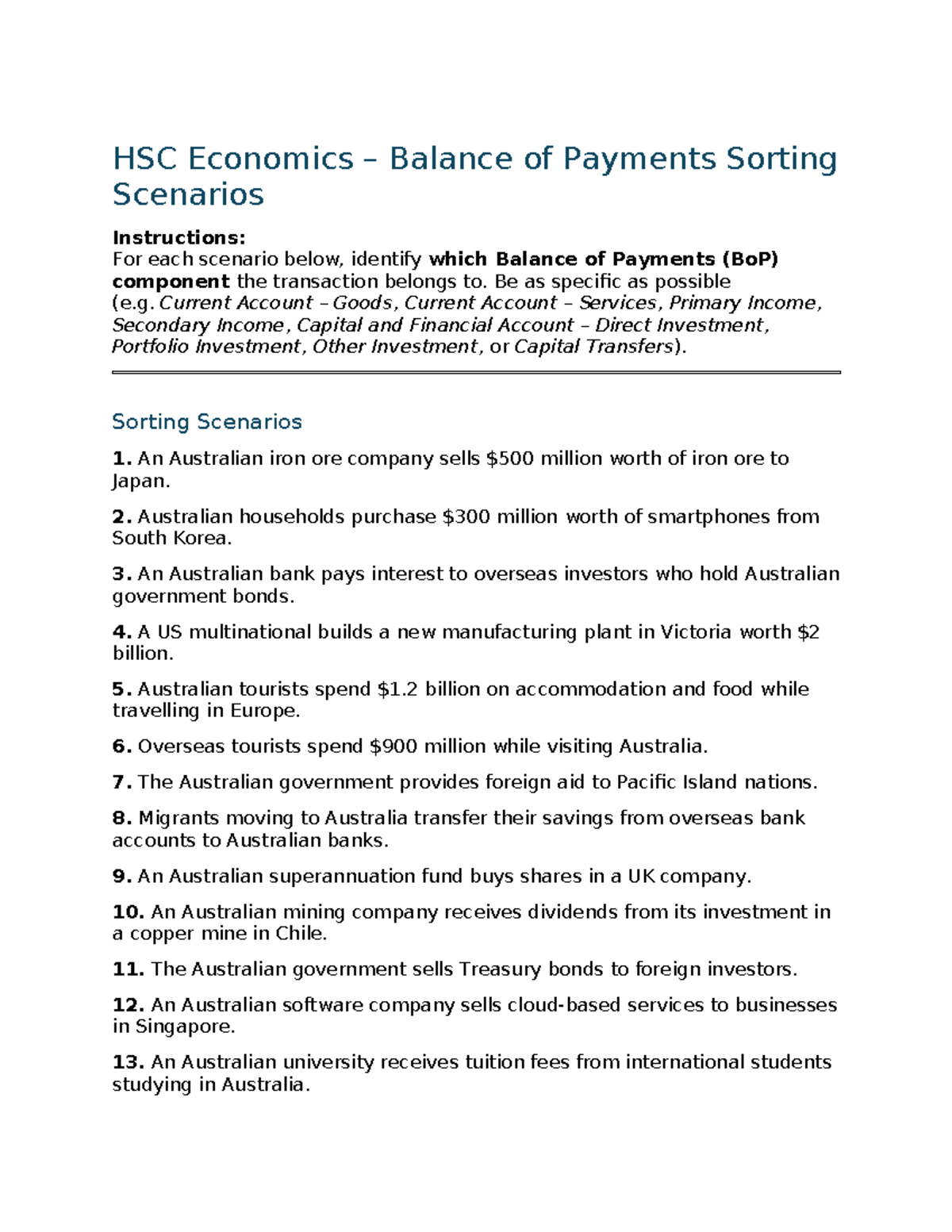 HSC Economics - Balance of Payments Sorting Scenarios Guide - Studocu