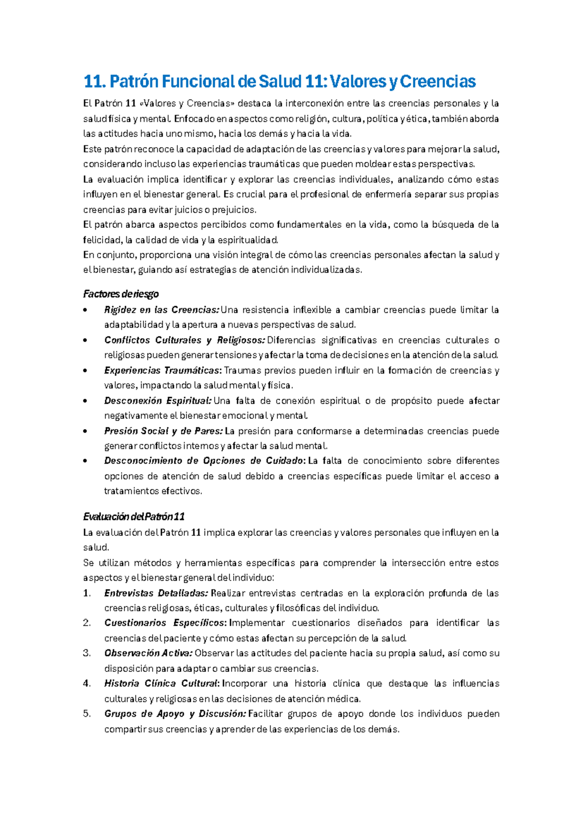 Patrón 11: Valores y Creencias en Salud - Análisis Integral - Studocu