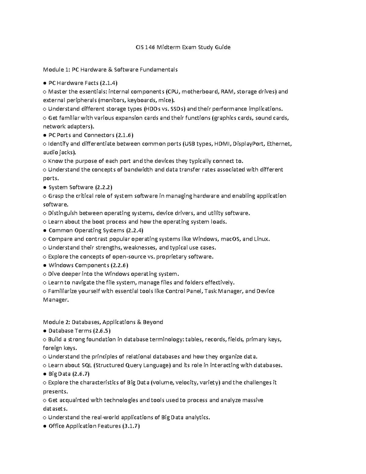 CIS 146 Midterm Exam Study Guide: PC Hardware, Databases & Apps - Studocu