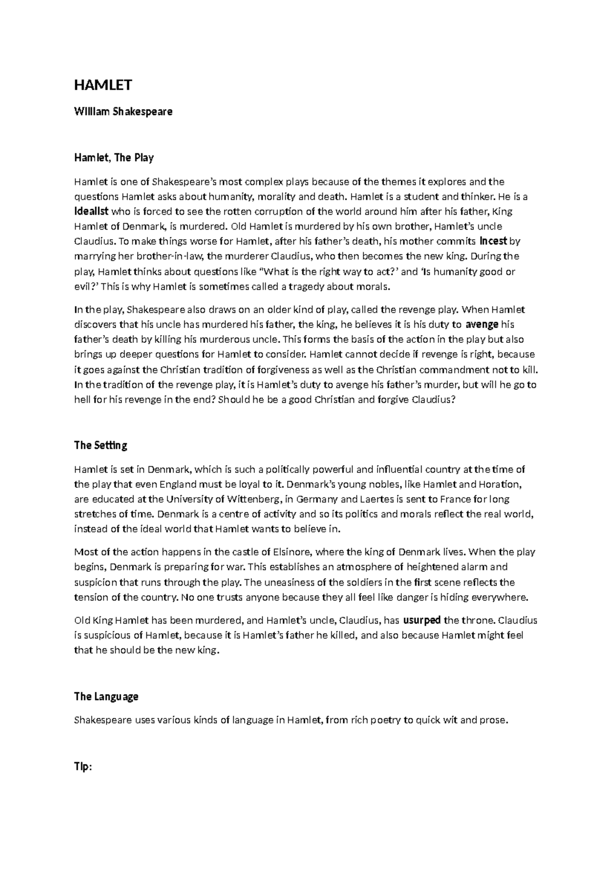 Gr 12 English HL - Comprehensive Hamlet Novel Study Guide - Studocu