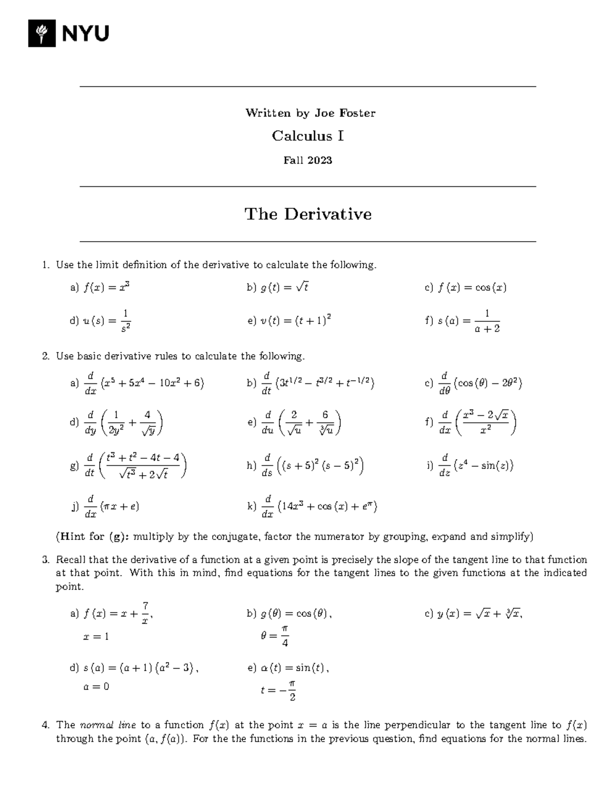 Worksheet 4 - The Derivative (Edited) - Written by Joe Foster Calculus ...