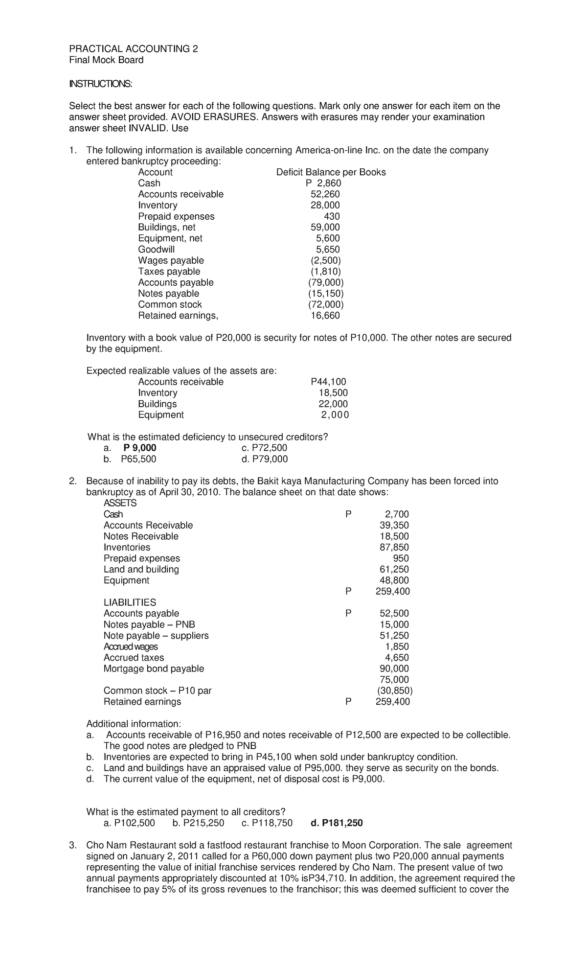 Practical Accounting 2: Final Mock Board Exam Questions & Solutions ...