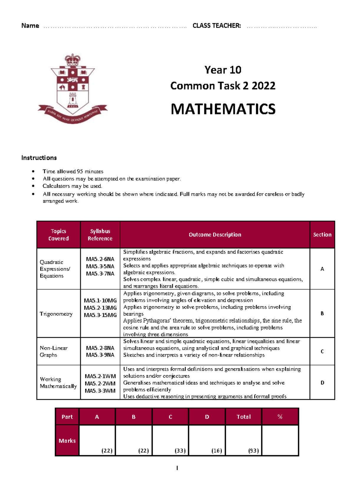 Year 10 Math Common Test 2 2022 - Quadratic & Trigonometry Focus - Studocu