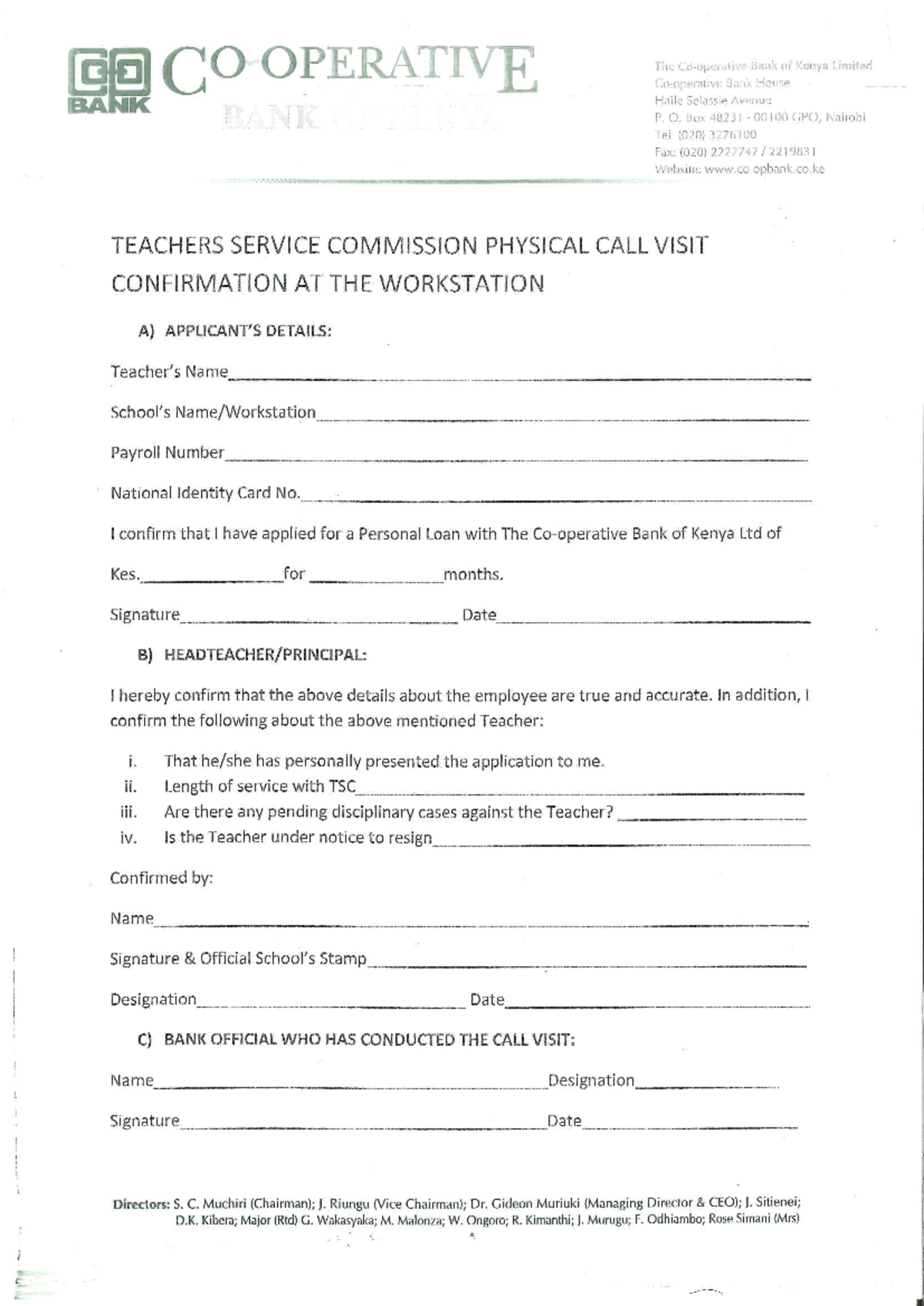 TSC CALL Visit Template-1 - GO The Bank of Kenya Limited Bank House BANK Haile Selassie Avenue ...