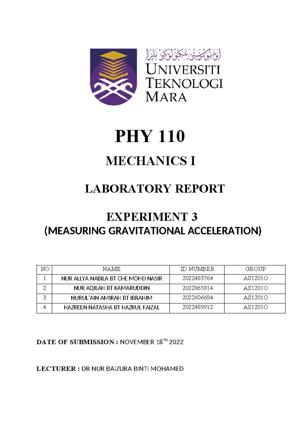 PHY 110 Mechanics I Lab Report: Experiment 3 on Gravity Measurement ...