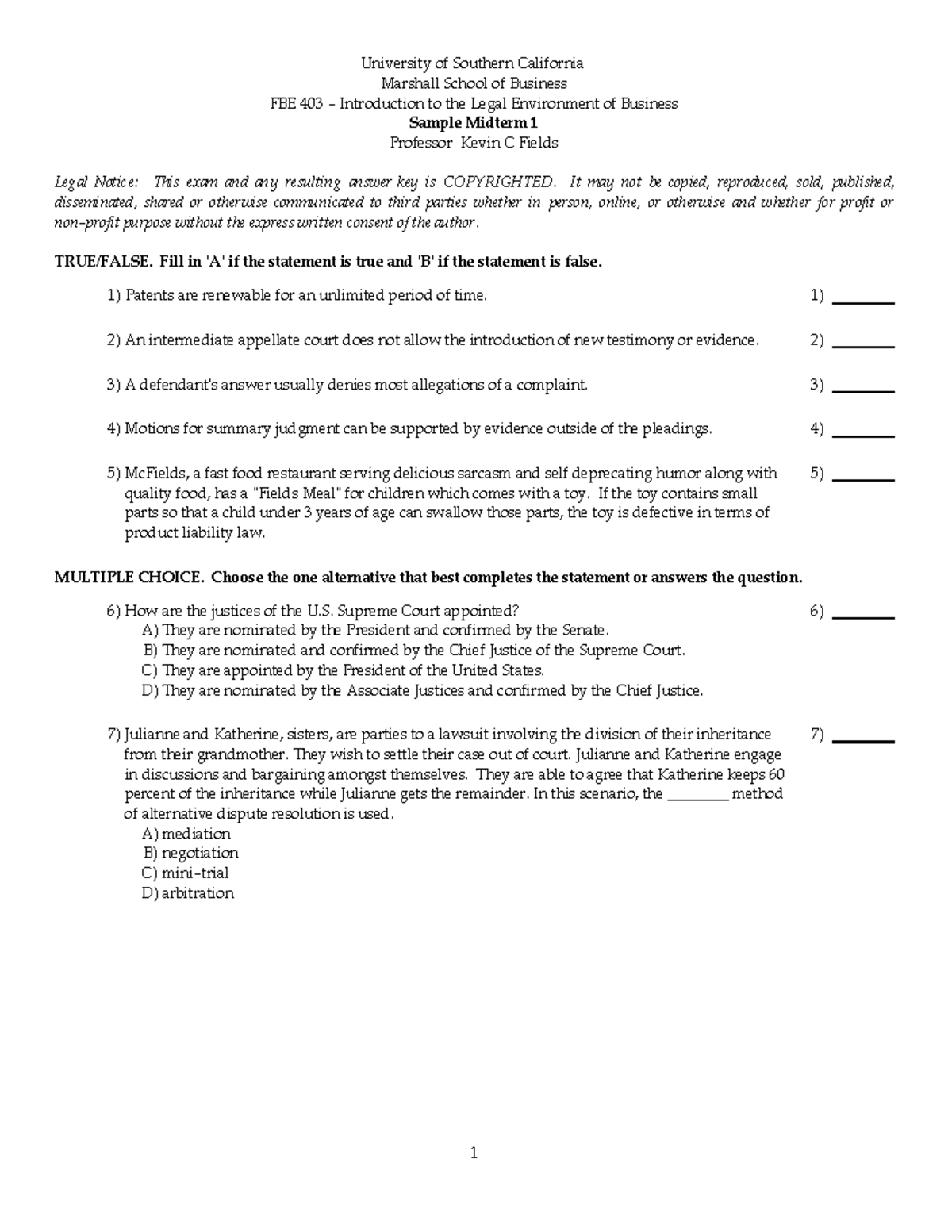 FBE 403 Sample Midterm 1 - Legal Environment of Business - Studocu