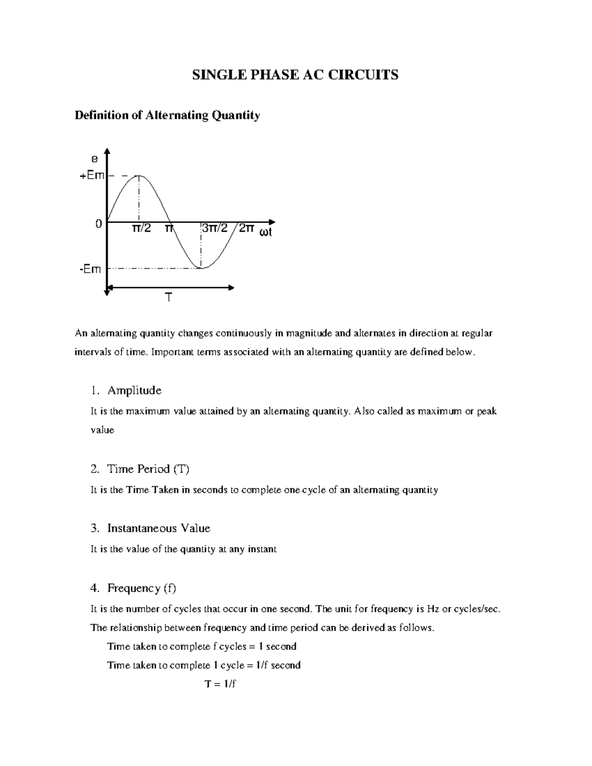 Basic Electrical Engineering[ 97] - SINGLE PHASE AC CIRCUITS Definition of Alternating Quantity ...