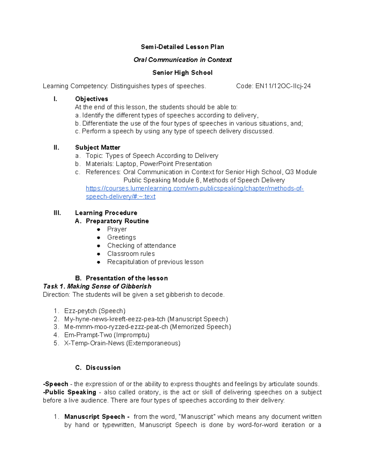 Semi-Detailed LP: Types of Speech Delivery in Oral Comm. (EN11/12OC ...