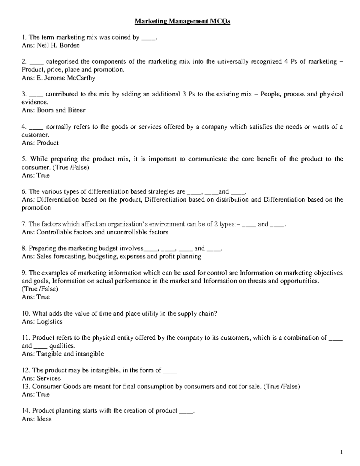 Marketing Management MCQs: Key Concepts and Theories Explained - Studocu