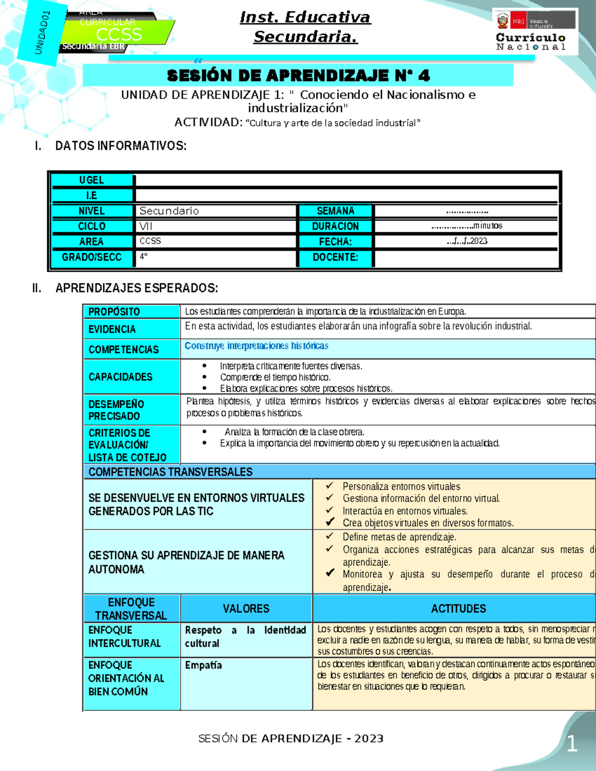 Sesion CCSS 4° SEC - Aprendizaje sobre Nacionalismo e Industrialización - Studocu