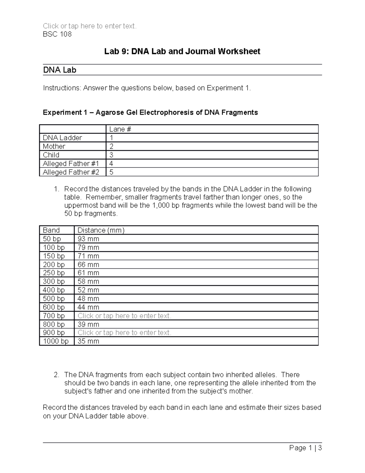 BSC 108 Lab 9 - Agarose Gel Electrophoresis & DNA Analysis Worksheet ...