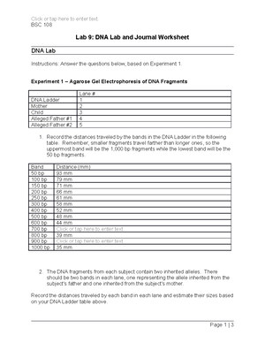 BSC 108 Lab10 - Biology and PCR Lab and Journal Worksheet - BSC 108 Lab 10: Biology PCR Lab and ...