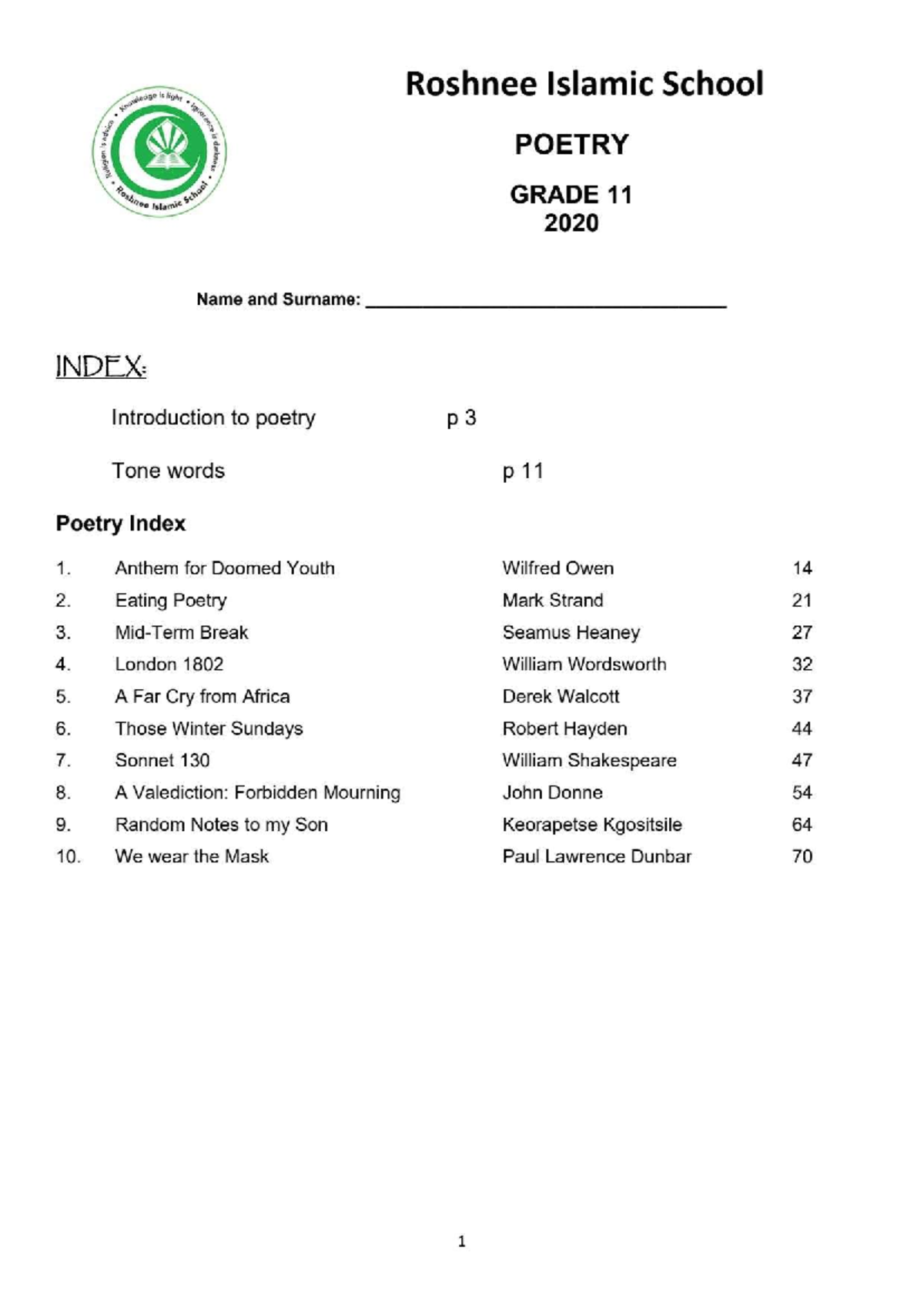 Poetry Anthology for Grade 11 - Roshnee Islamic School 2020 - Studocu