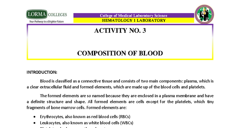 Hematology 1 Lab Manual Activity 3 - HEMATOLOGY 1 LABORATORY ...
