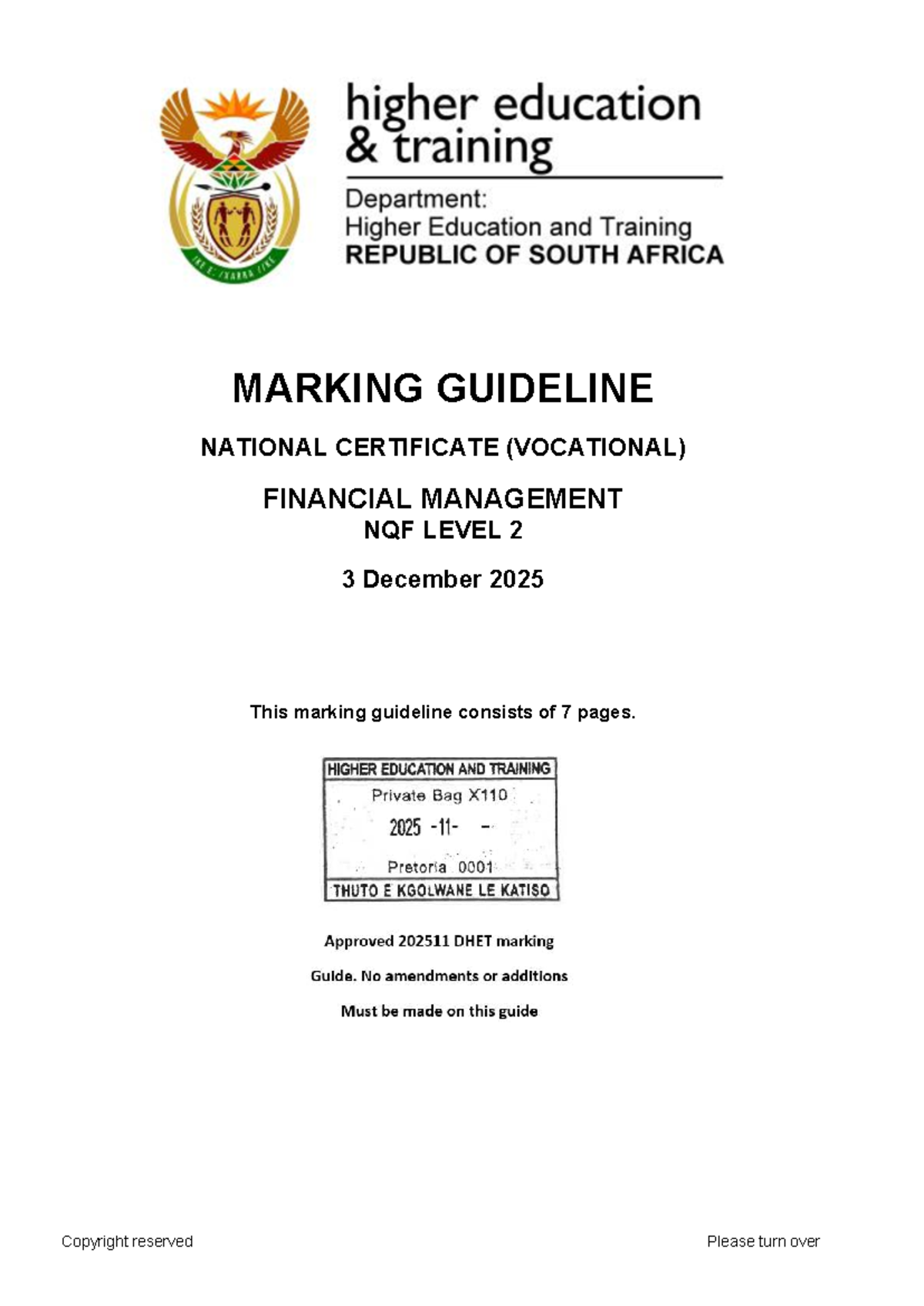 Financial Management L2 Marking Guideline Memo - Nov 2025 - Studocu