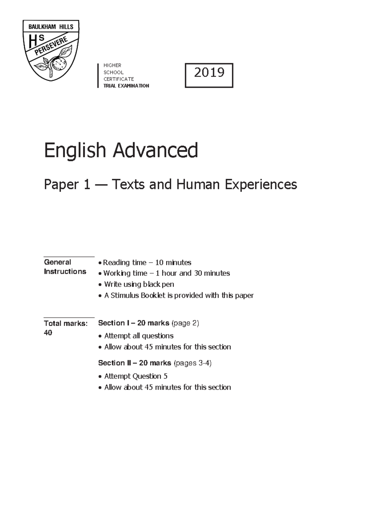 HSC Trial Exam 2019: English Advanced Paper 1 - Texts & Human ...