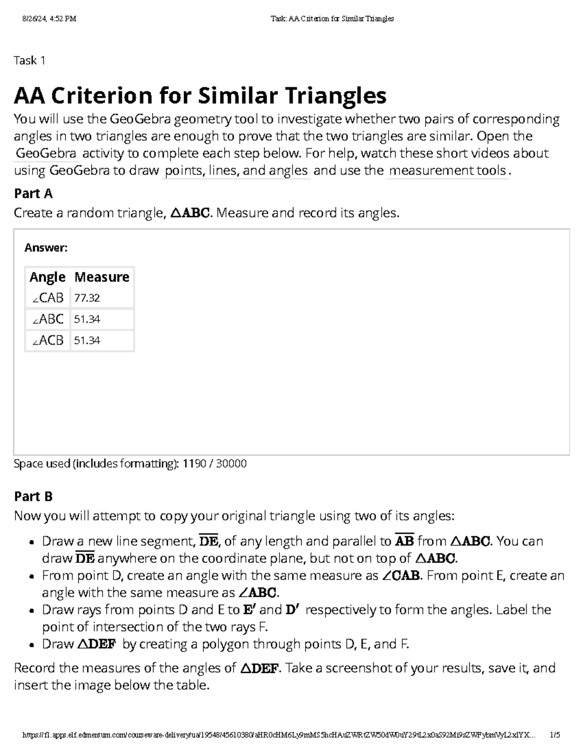 Activity on Triangle Similarity Using AA Criterion with GeoGebra - Studocu