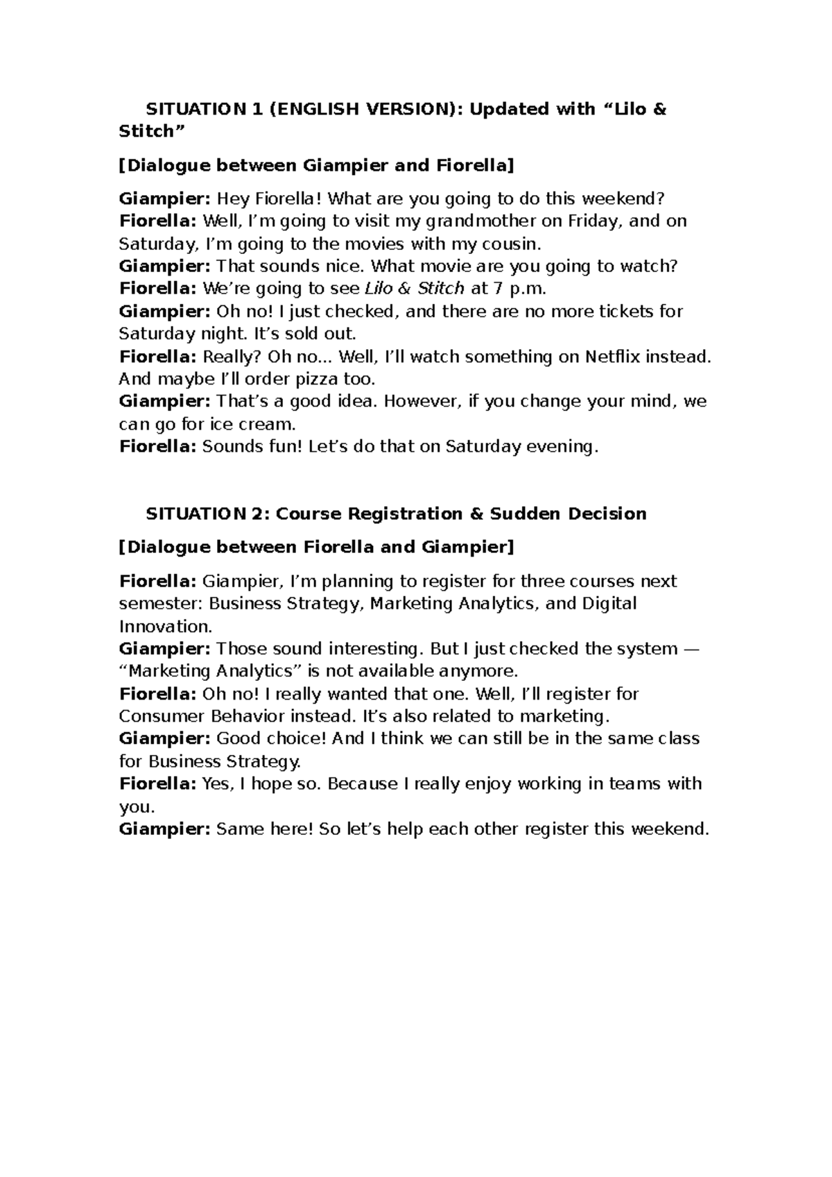 Ingles - TA2: Conversations on Weekend Plans & Course Registration - Studocu