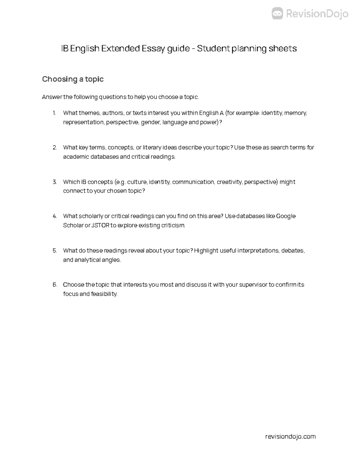 IB English Extended Essay Guide: Student Planning Sheets - Studocu