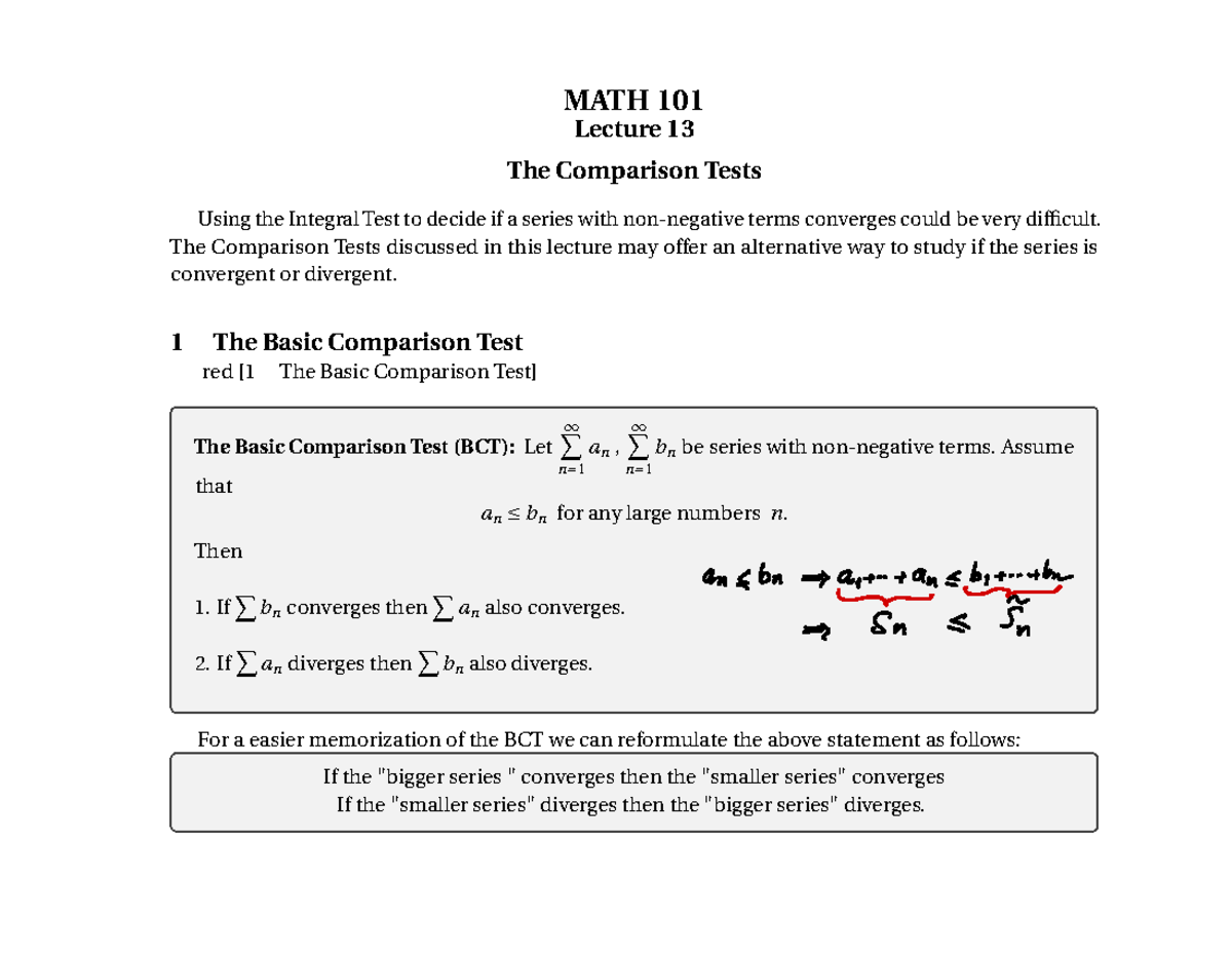 MATH 101 Lecture 13: Comparison Tests for Series Convergence - Studocu