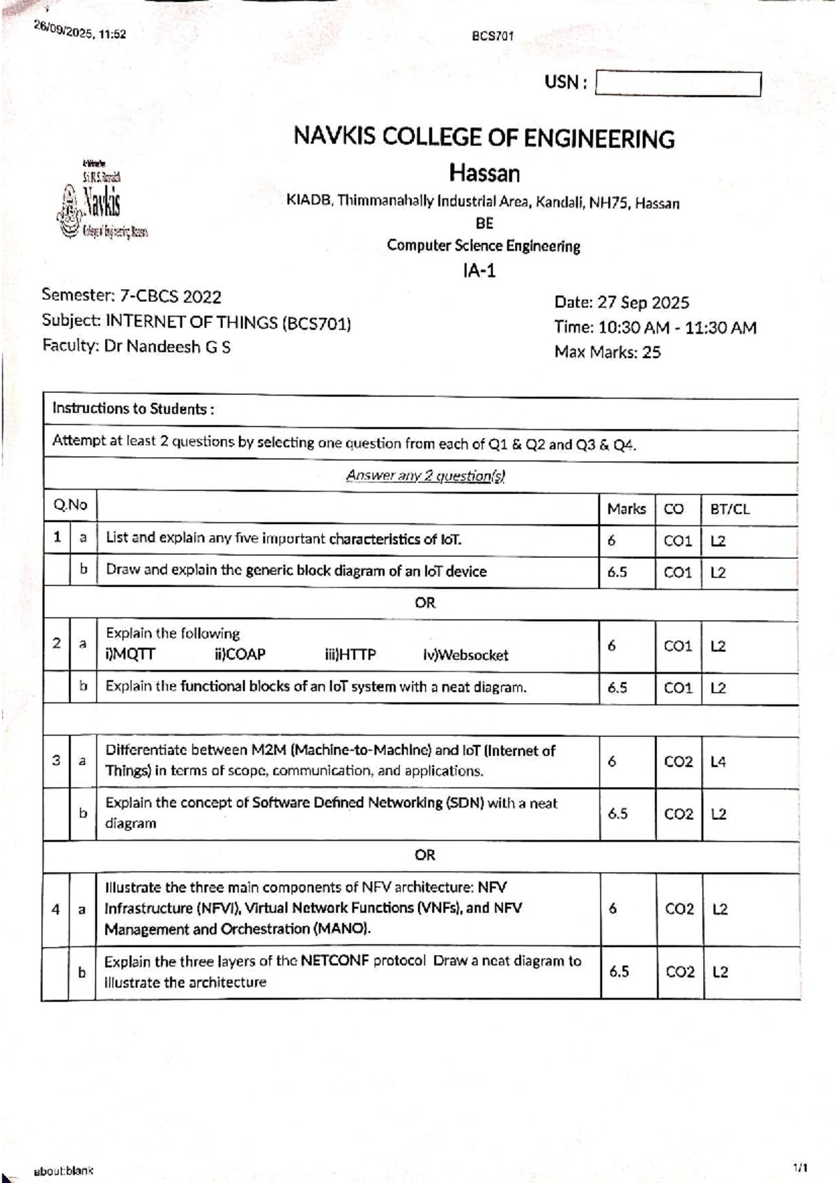 All Sub CIE 1 QP - Important for 7th Sem BCS701, BCS702, BCS714D ...