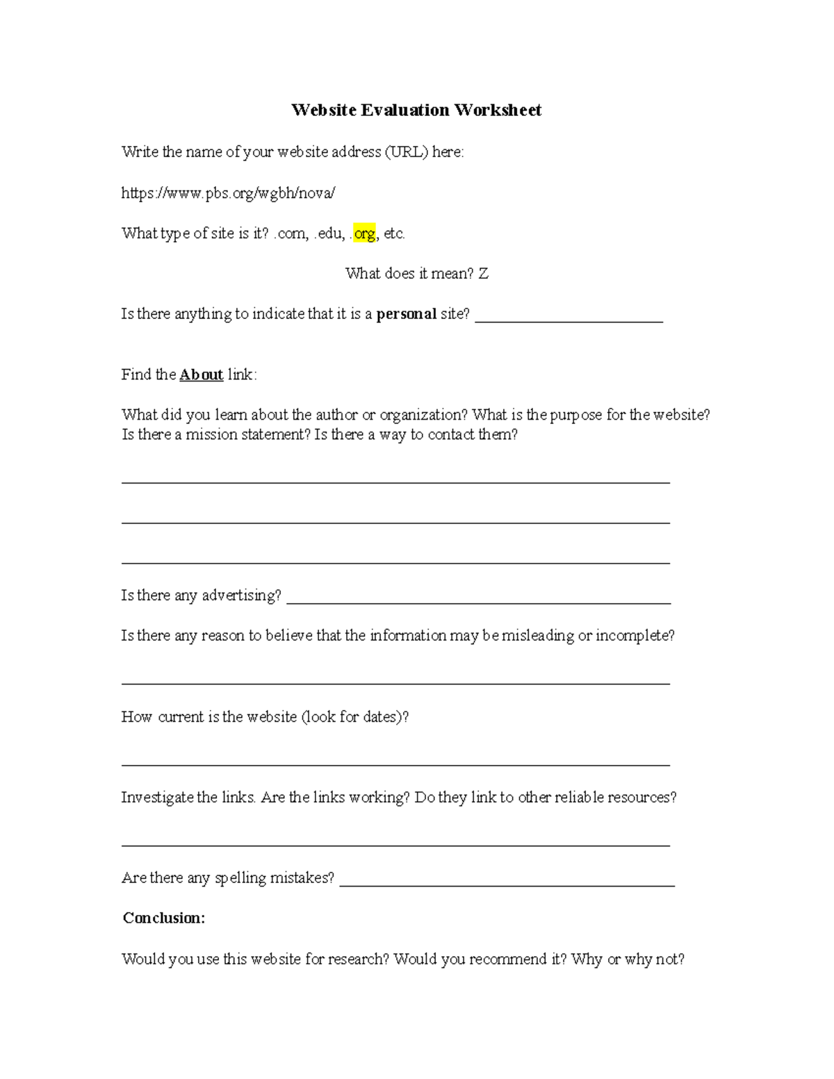 Website Evaluation Worksheet for Research Assessment 20241 - Studocu