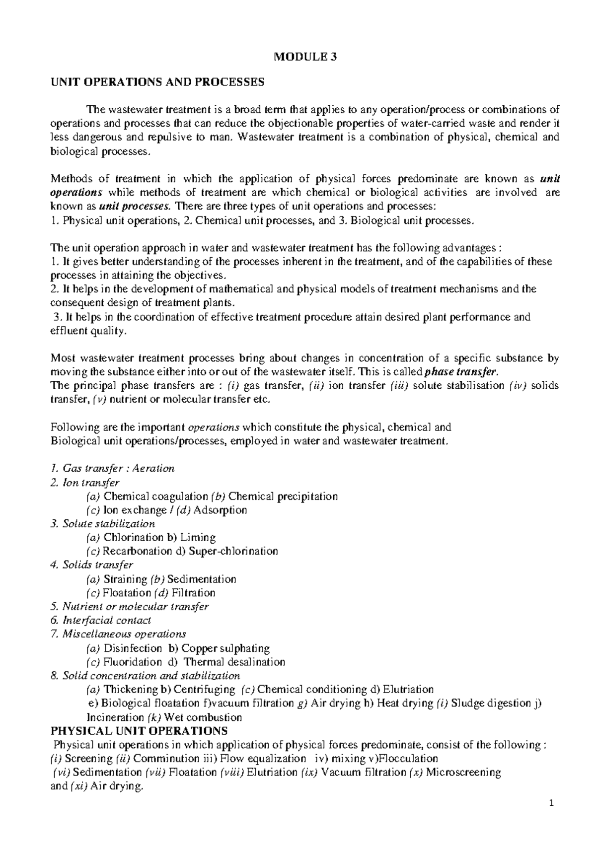 Module 3 - Lecture Notes on Unit Operations in Wastewater Treatment ...