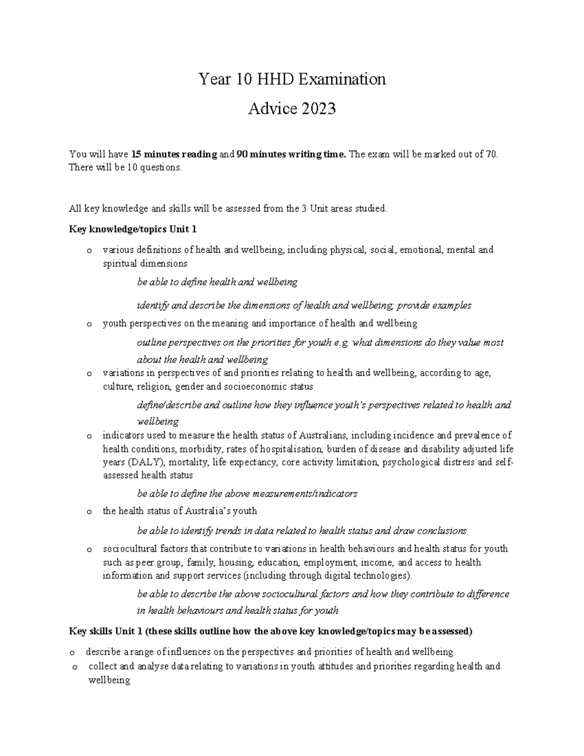 Year 10 HHD Final Exam Preparation Guide 2023 - Studocu