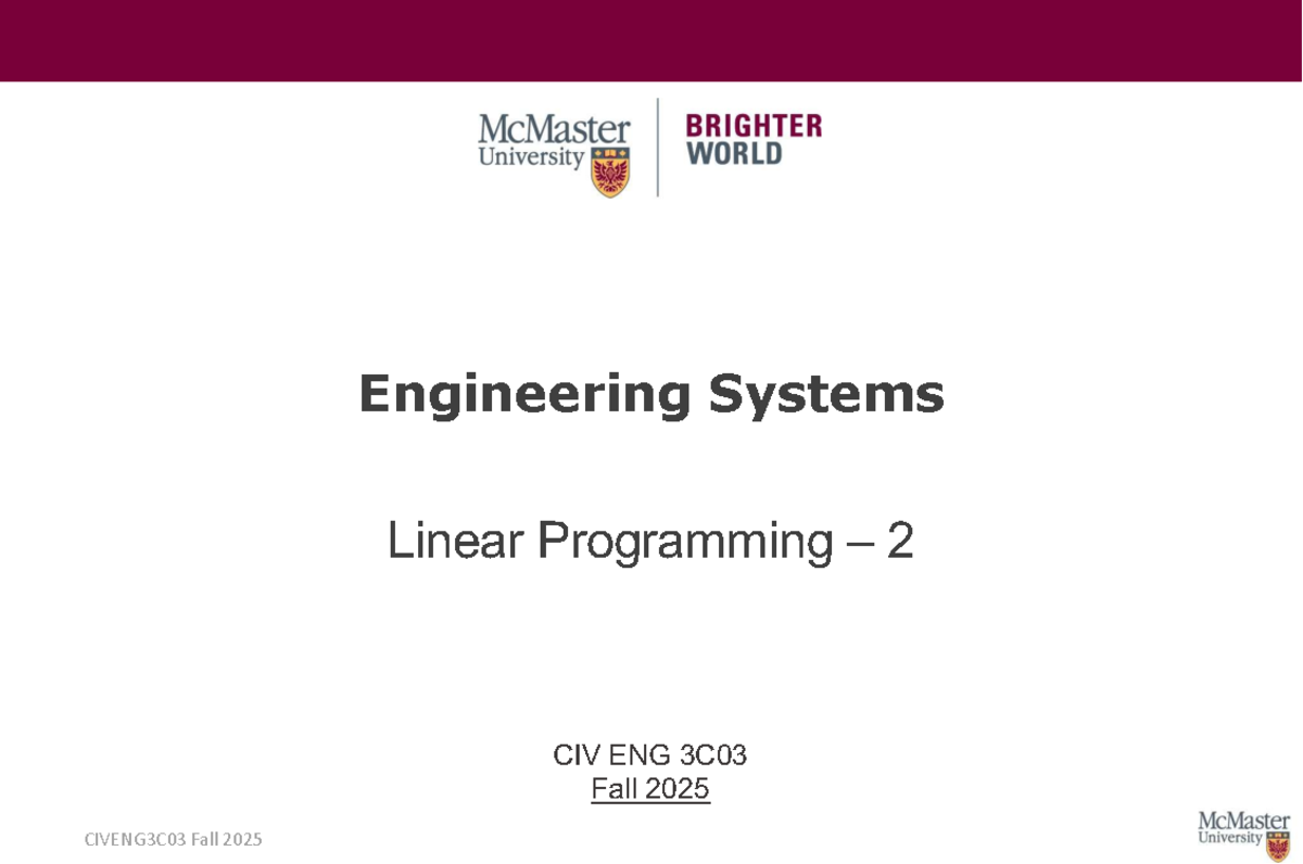 Lecture 3: Linear Programming 2 - CIV ENG 3C03 Fall 2025 - Studocu