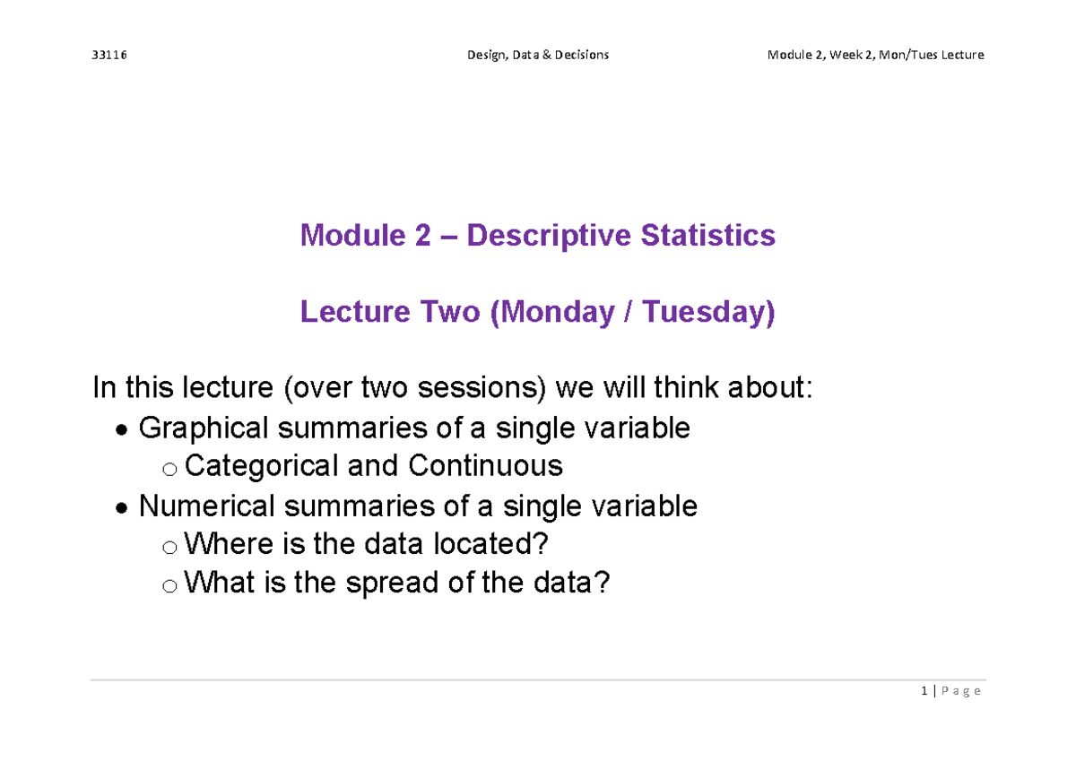 Lec2 - Descriptive Statistics - Module 2 – Descriptive Statistics ...