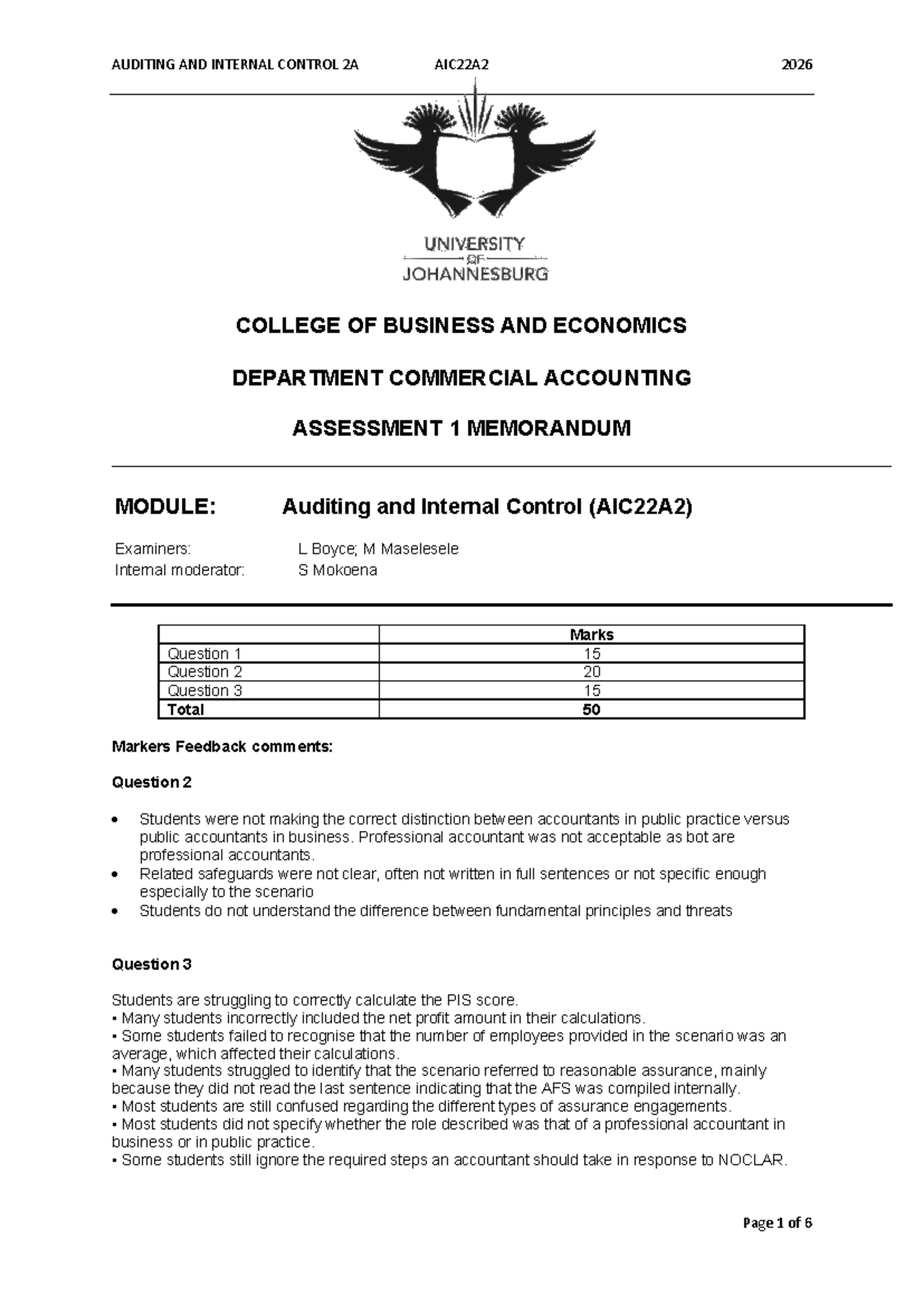 AIC22A2 Auditing & Internal Control Assessment 1 Memo 2026 - Studocu