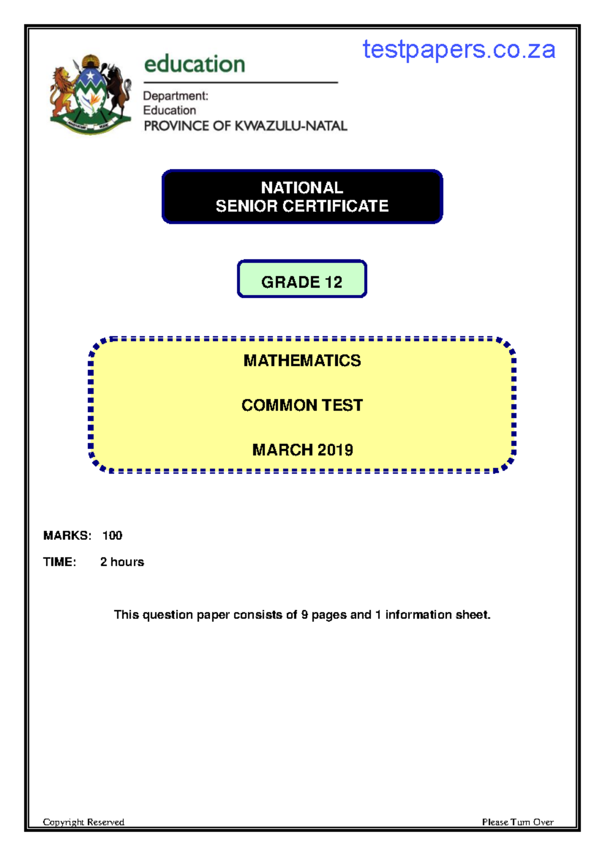 Mathematics NSC Grade 12 Common Test March 2019 - Question Paper & Memo ...