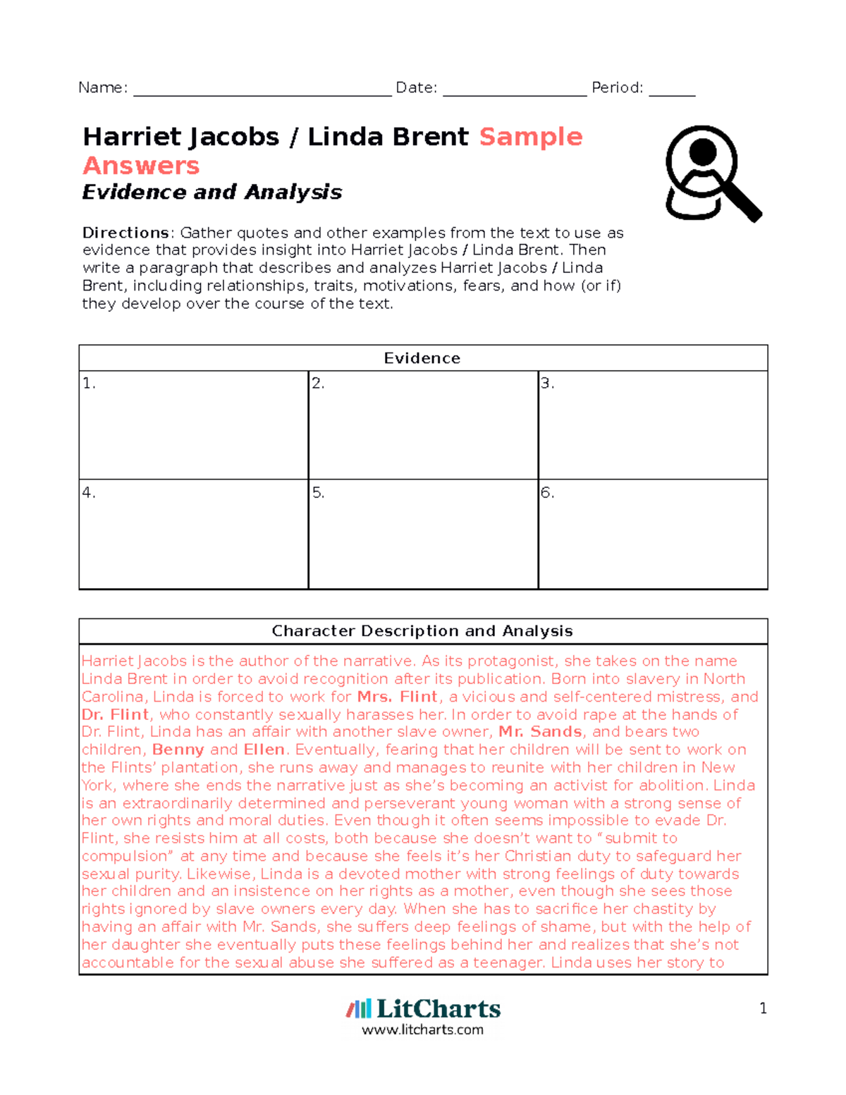 2. Character Analysis Sample Answers - Harriet Jacobs / Linda Brent ...