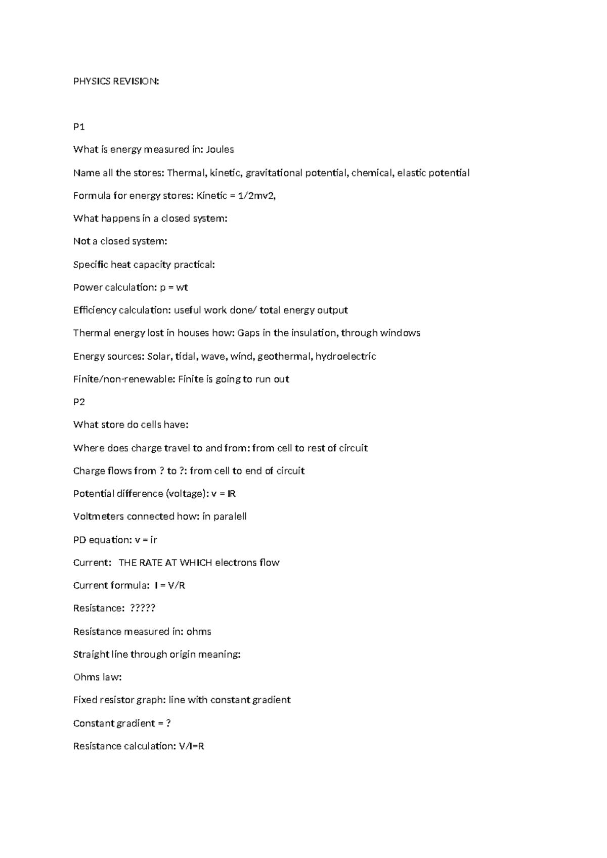 Physics P1-P4 Revision Questions for Paper 1 and Energy Concepts - Studocu