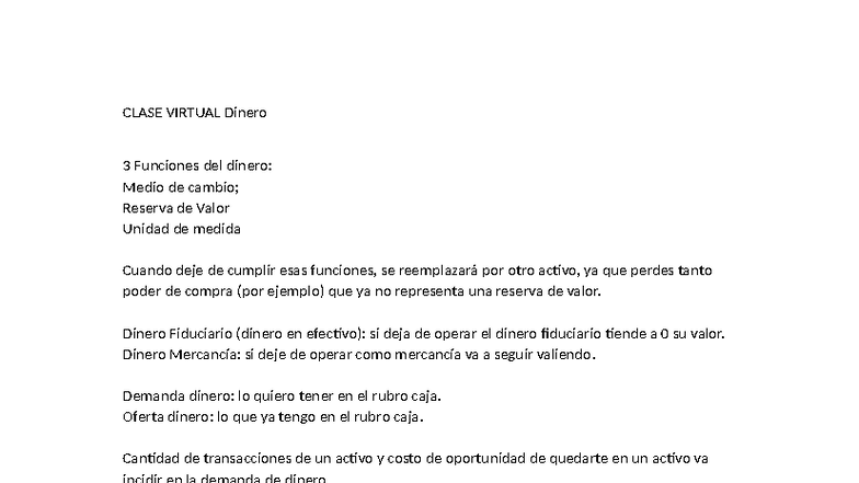 CLASE VIRTUAL Dinero: Funciones y Oferta Monetaria (8-11) - Studocu