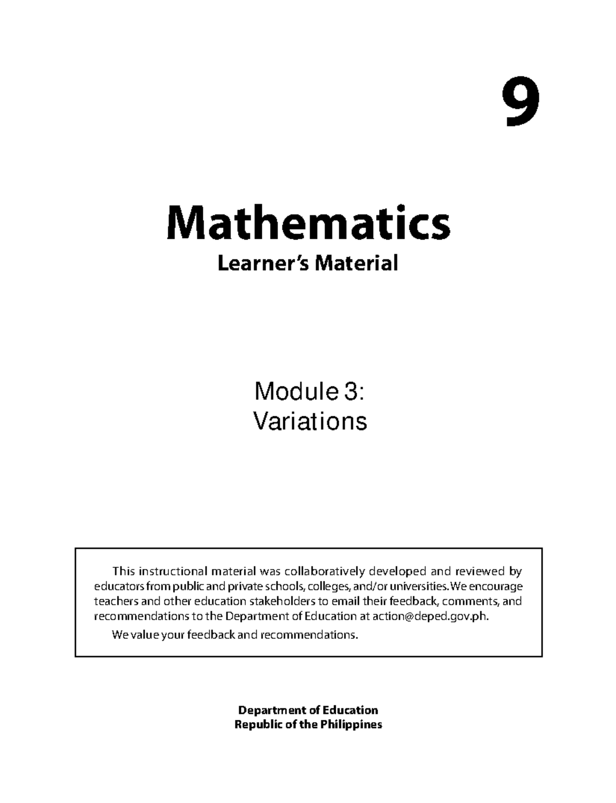 Grade 9 Mathematics LM Module 3: Exploring Variations - Studocu