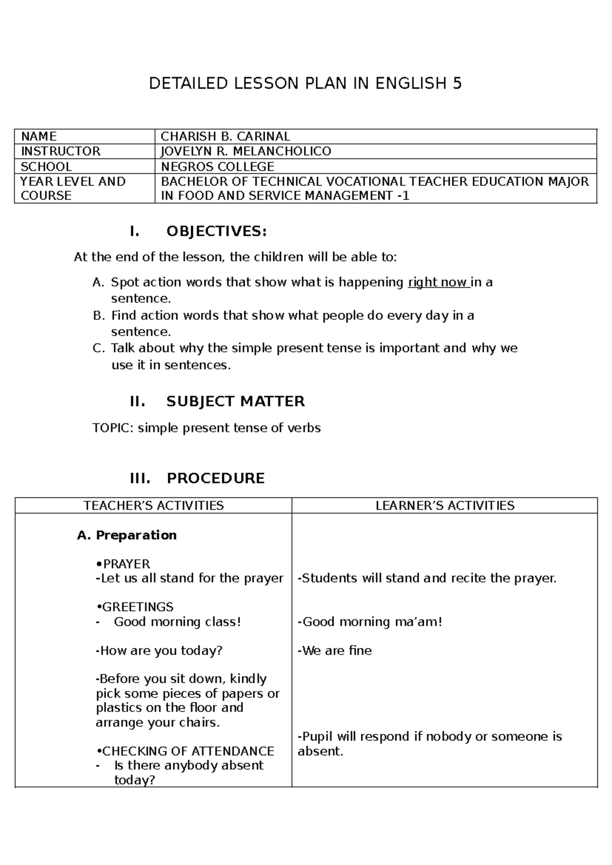 Detailed Lesson Plan: Simple Present Tense - English 5 - Studocu