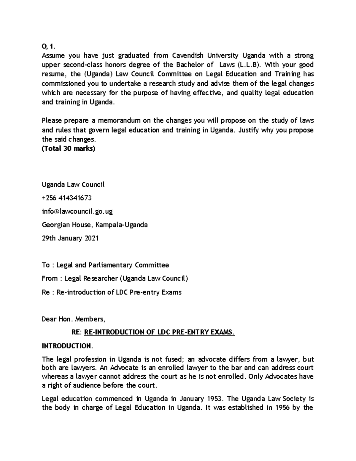 Memorandum on Legal Education Reforms in Uganda (L.L.B) - Studocu