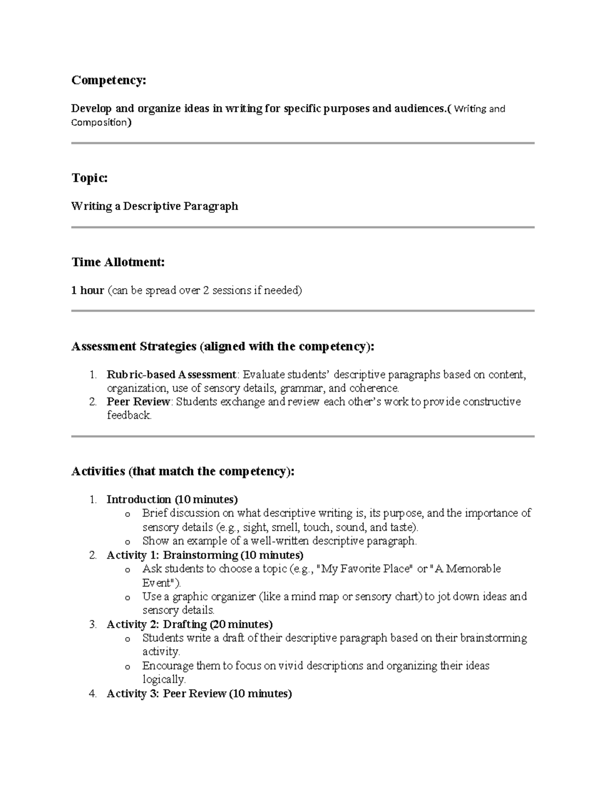 Writing Competency (MTB-MLE): Crafting Descriptive Paragraphs - Studocu