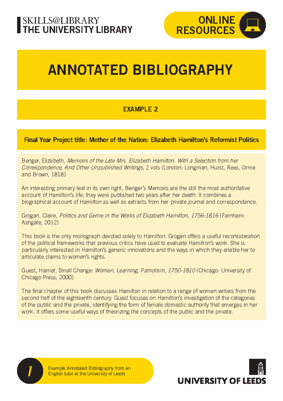 Annotated Bibliography Example 2: Elizabeth Hamilton's Reformist ...