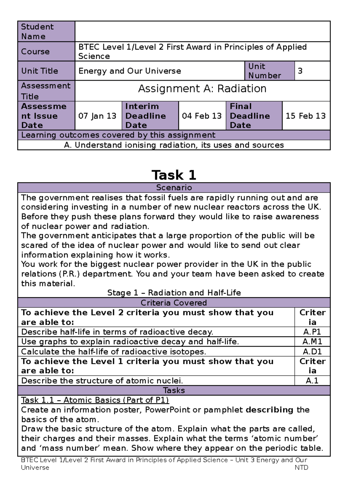 BTEC Level 2 Unit 3 Energy and Our Universe Assignment Overview - Studocu