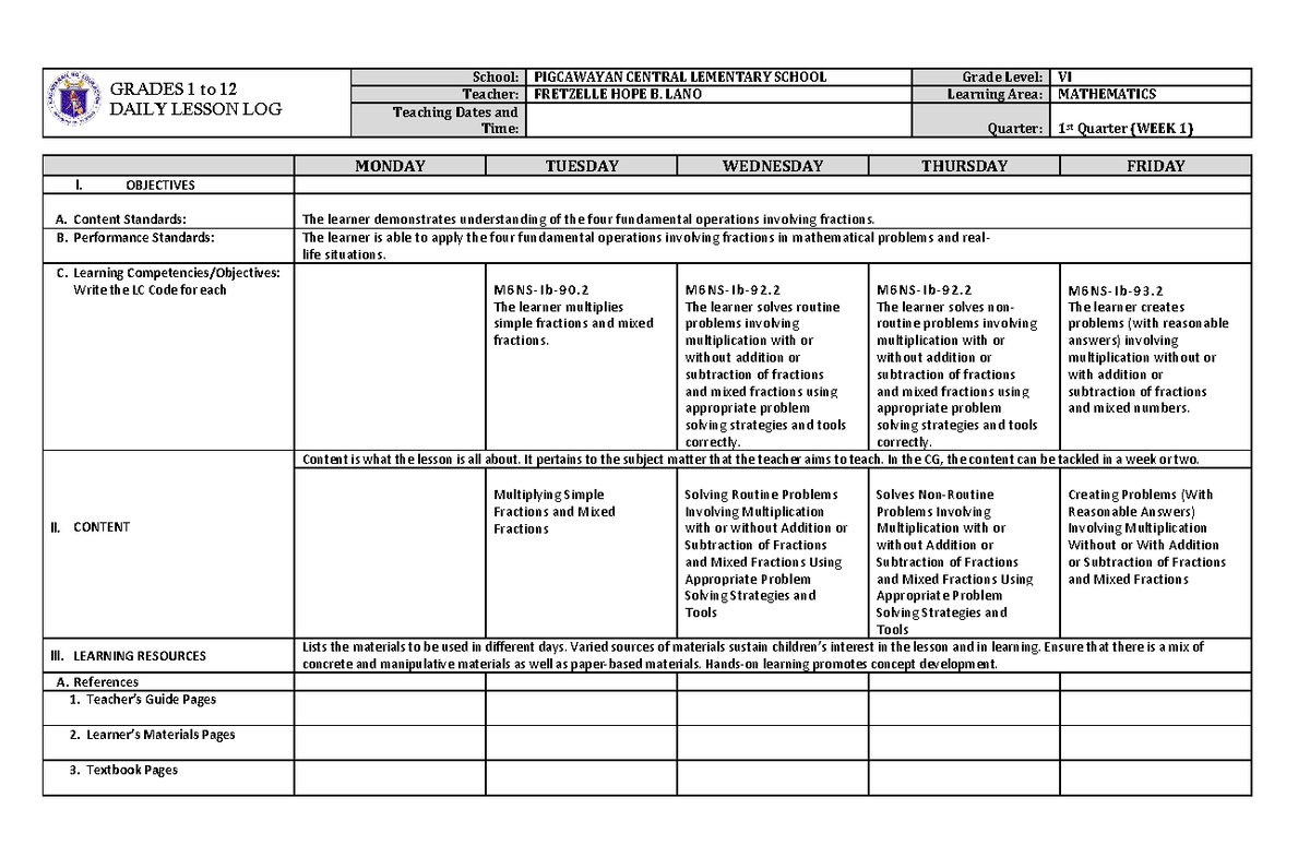 DLL Mathematics 6 Q1 W2 - Daily Lesson Log on Fractions and Multiplication - Studocu