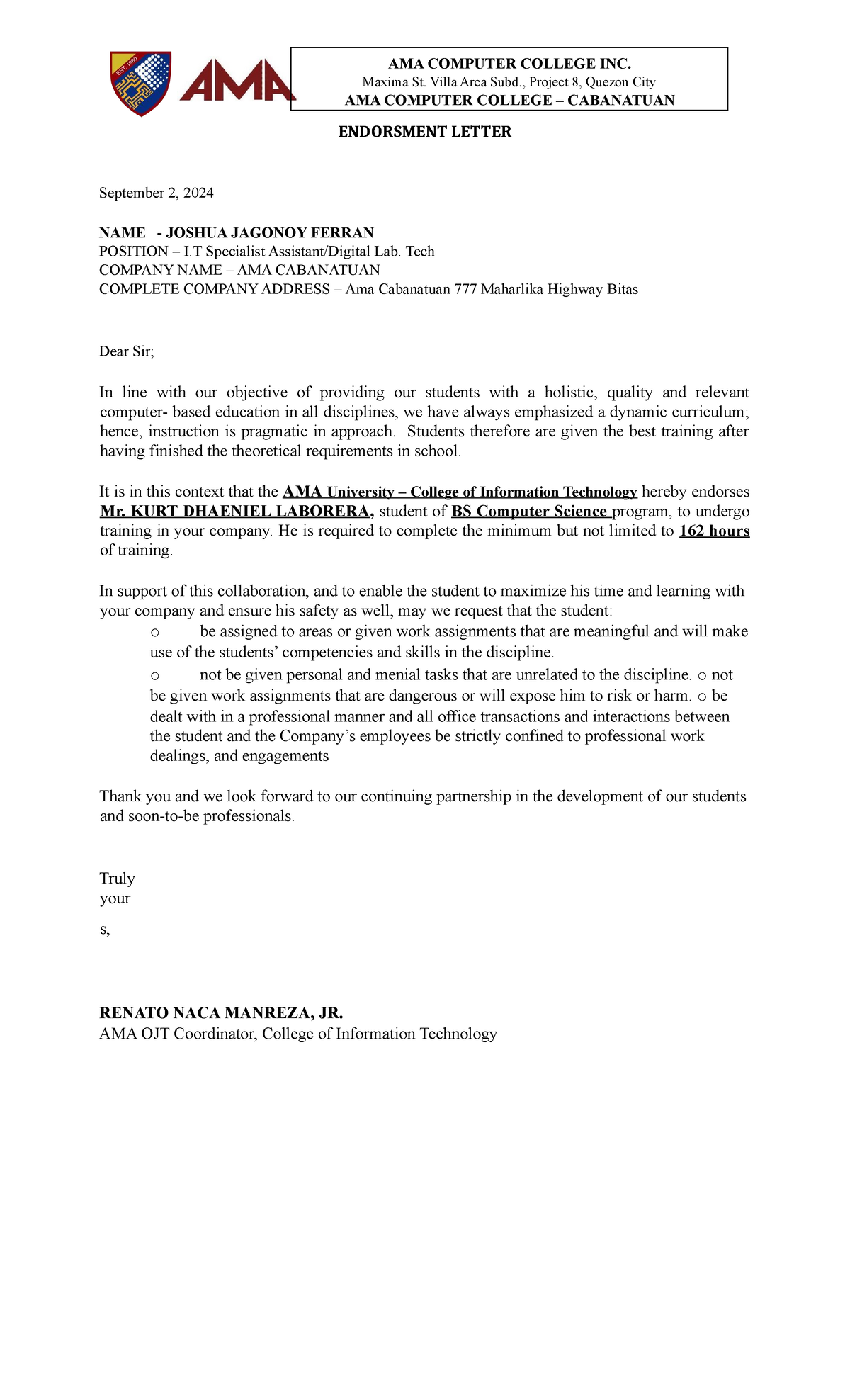 AMA COMPUTER COLLEGE OJT Endorsement Letter for Kurt Dhaeniel Laborera ...