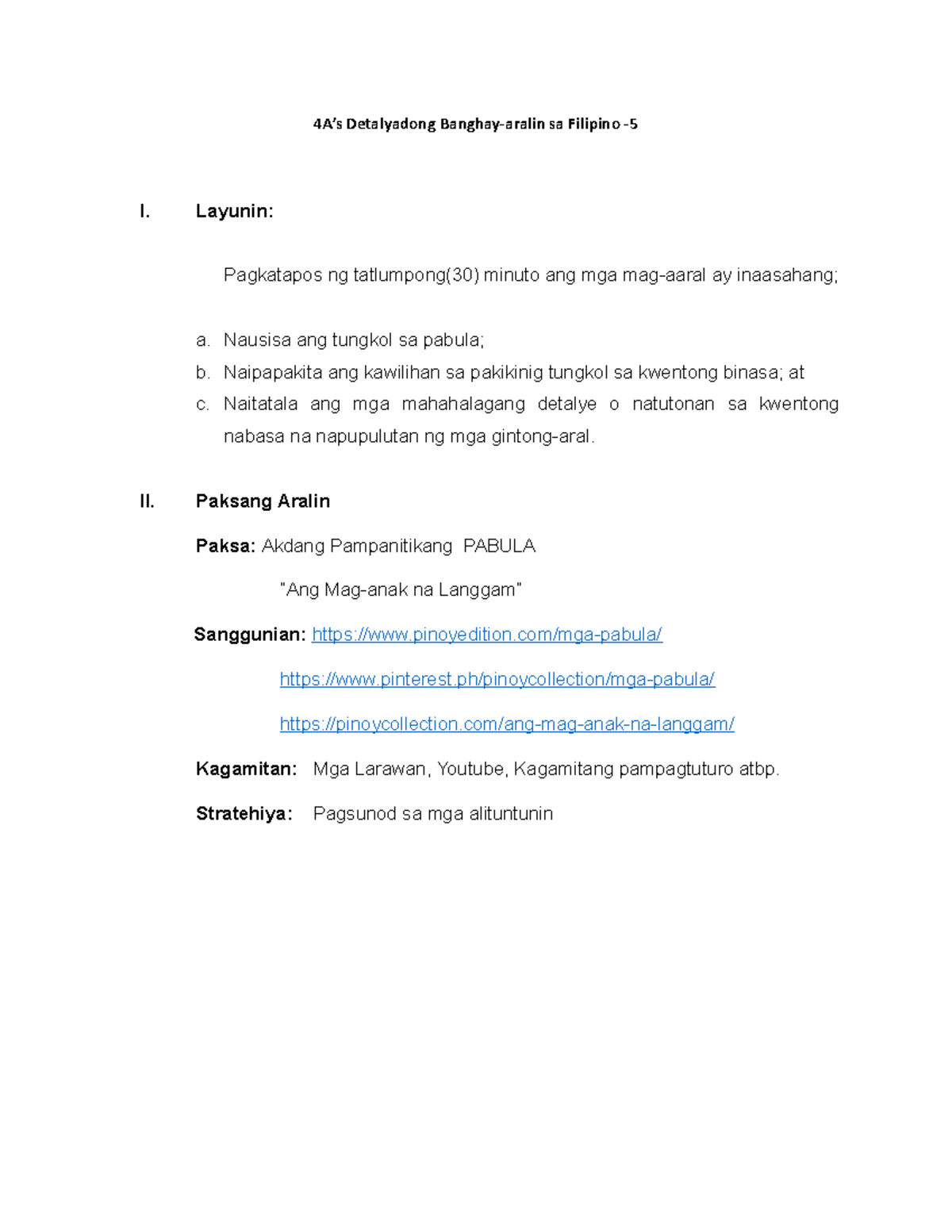4As Filipino 5 Final - lesson planning - 4A’s Detalyadong Banghay-aralin sa Filipino - I ...