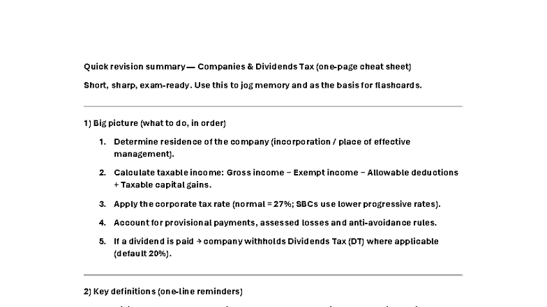 Companies Dividends Tax Cheat Sheet: Quick Revision Summary - Studocu