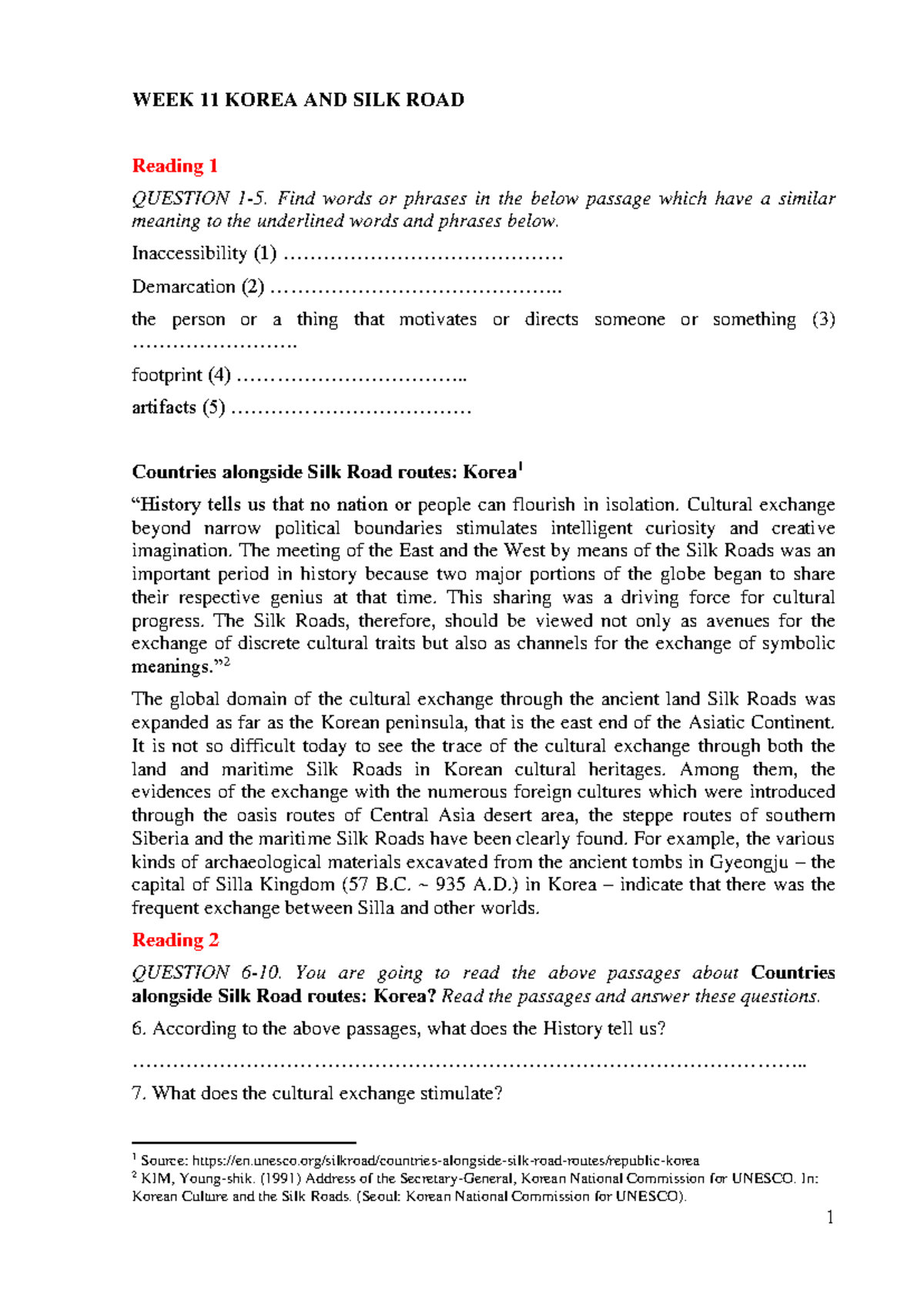 Week 12 KOREA AND SILK ROAD - Reading Comprehension Exercises - Studocu