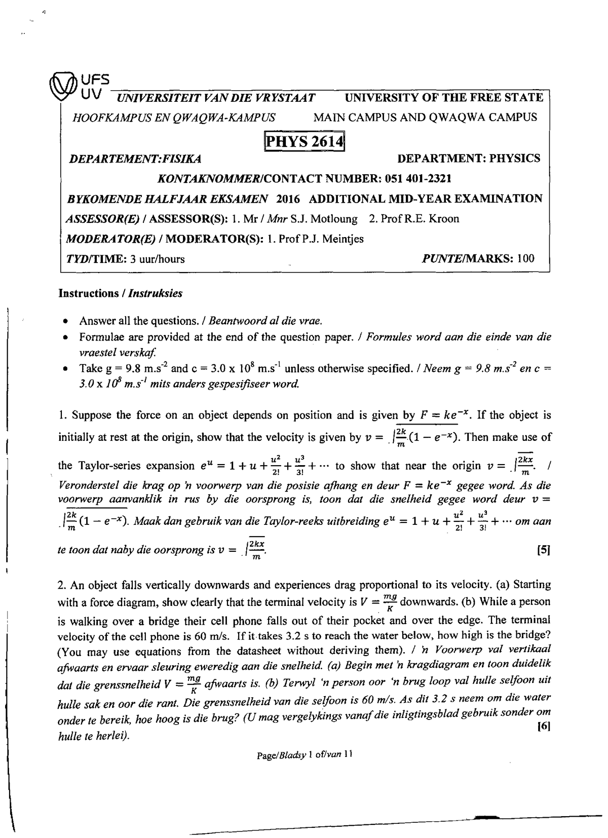 UFS PHYS 2614 Mid-Year Exam 2016 - Additional Questions and Solutions ...
