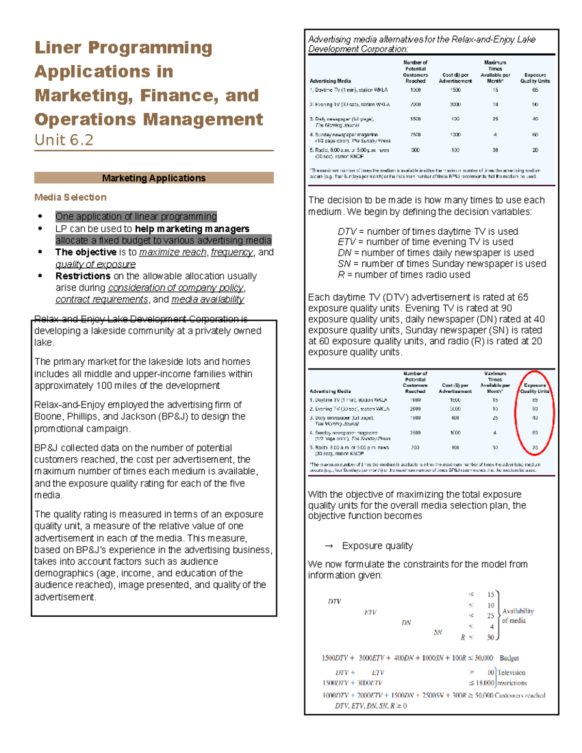 Unit 6.2 - Linear Programming Applications in Marketing, Finance, and ...