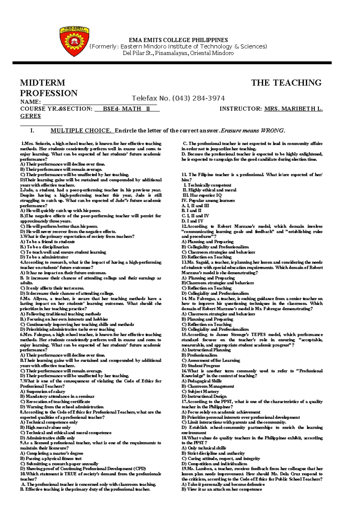 MATH II MIDTERM EXAM REVIEW: TEACHING PROFESSIONAL STANDARDS - Studocu