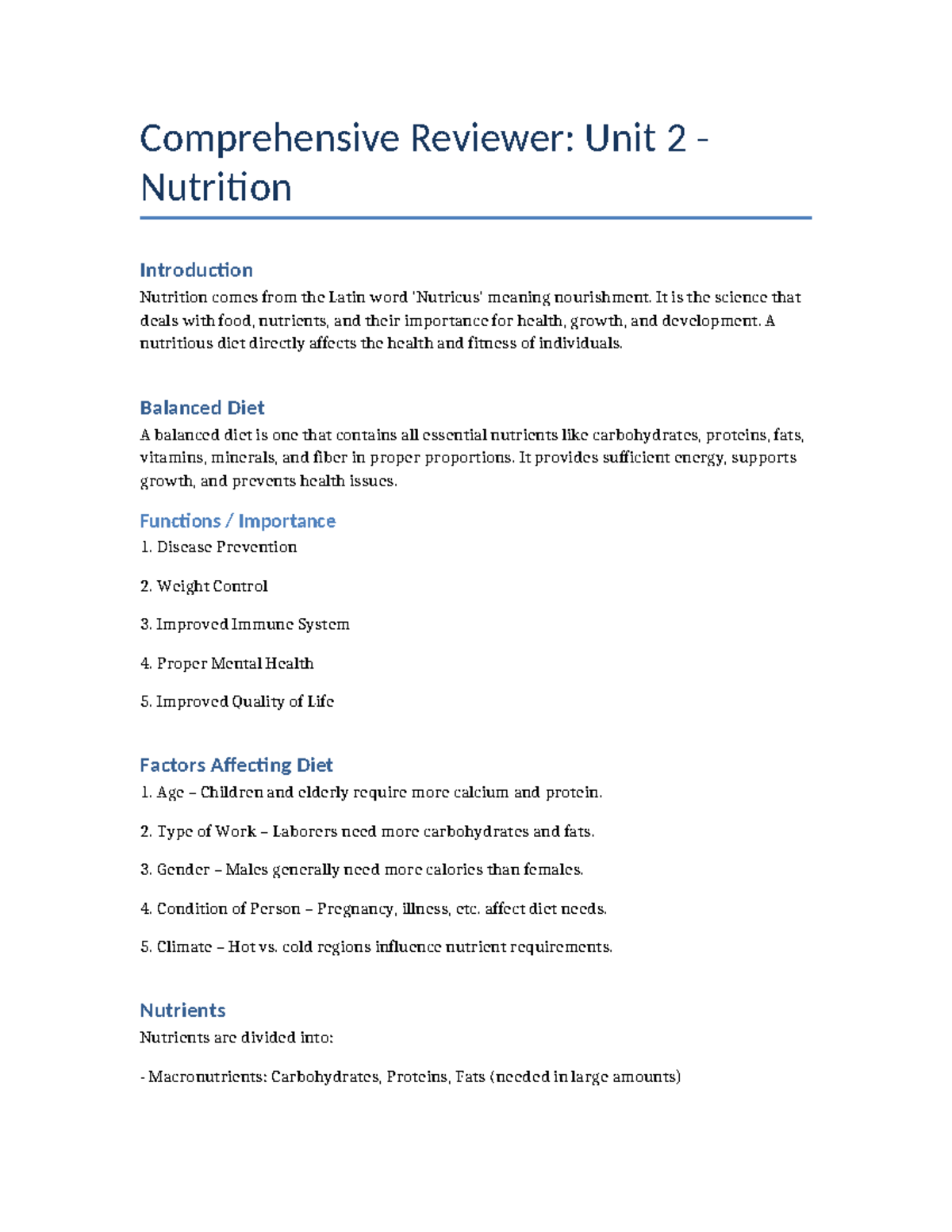Nutrition Reviewer: Unit 2 - Comprehensive Guide to Nutrients - Studocu
